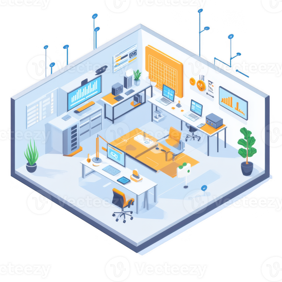 Modern Office Space Featuring Smart Technology Automated Lighting And Iot Connectivity Layout