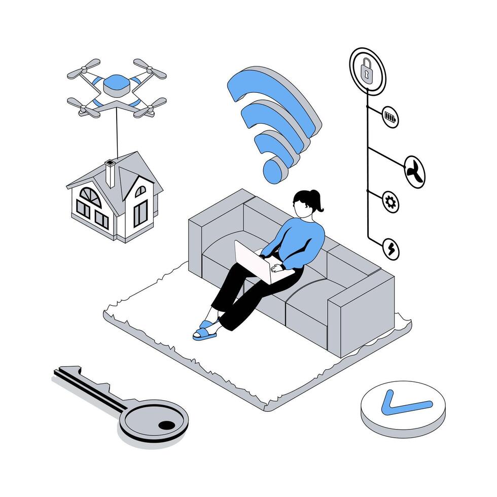 Smart home 3d isometric concept with isometry people design for web. Woman using automation ...