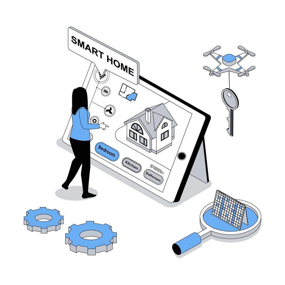 Smart home 3d isometric concept with isometry people design for web. Woman using automation ...