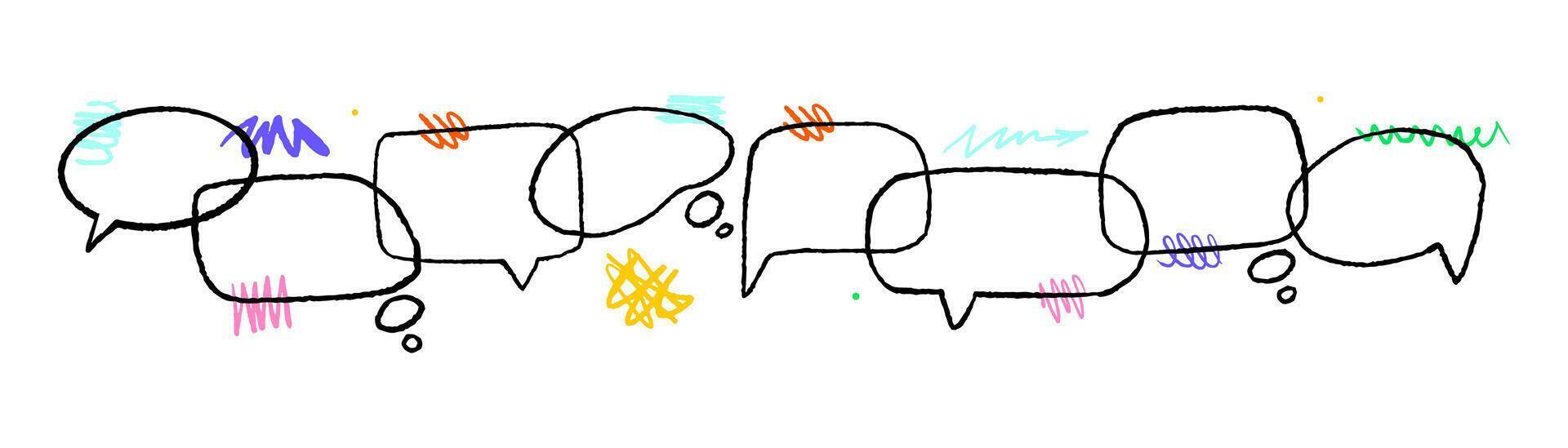 Hand-drawn different connected speech bubbles. The symbol is communication, dialogue, and a ...