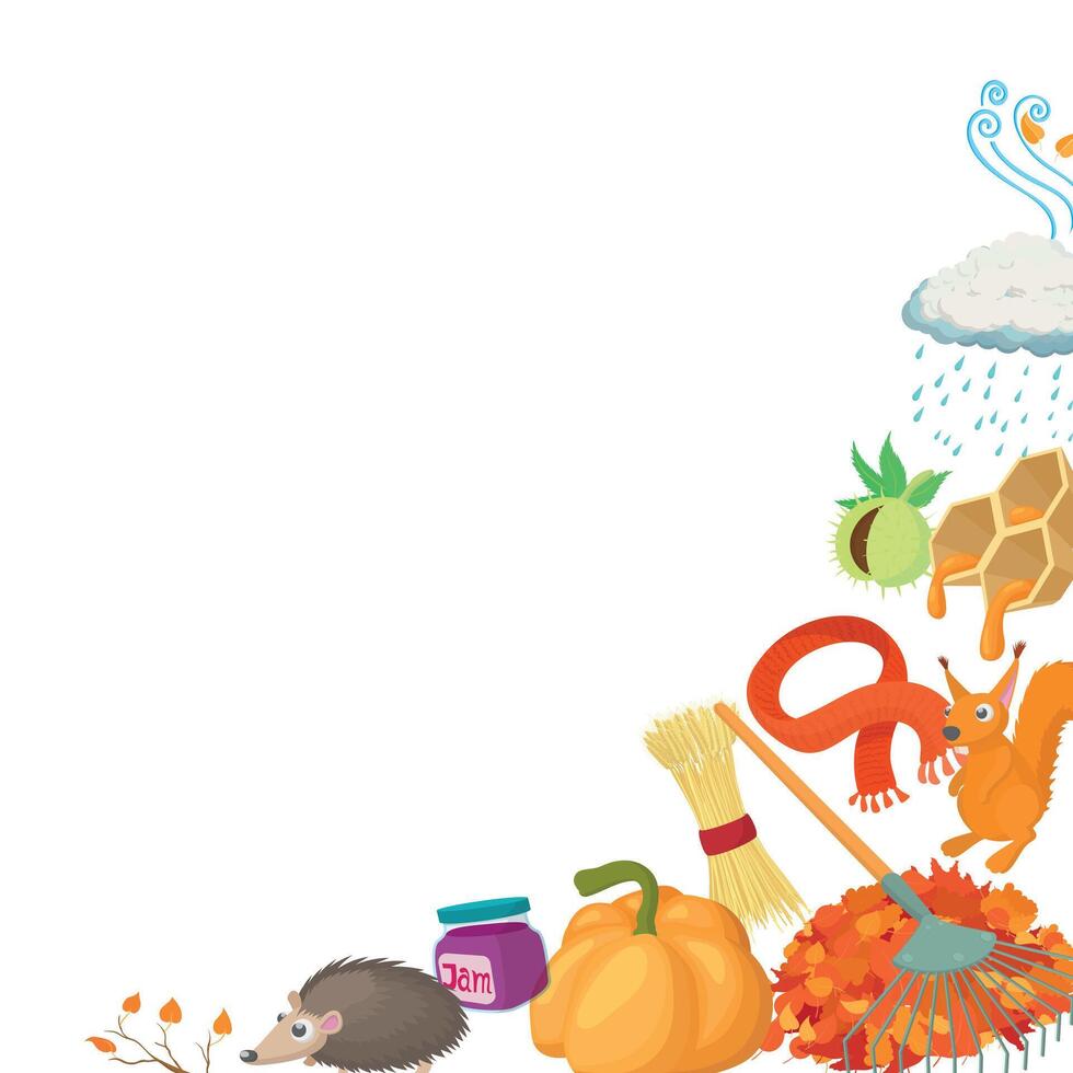 Cartoon autumn corner border with various seasonal elements creating a ...