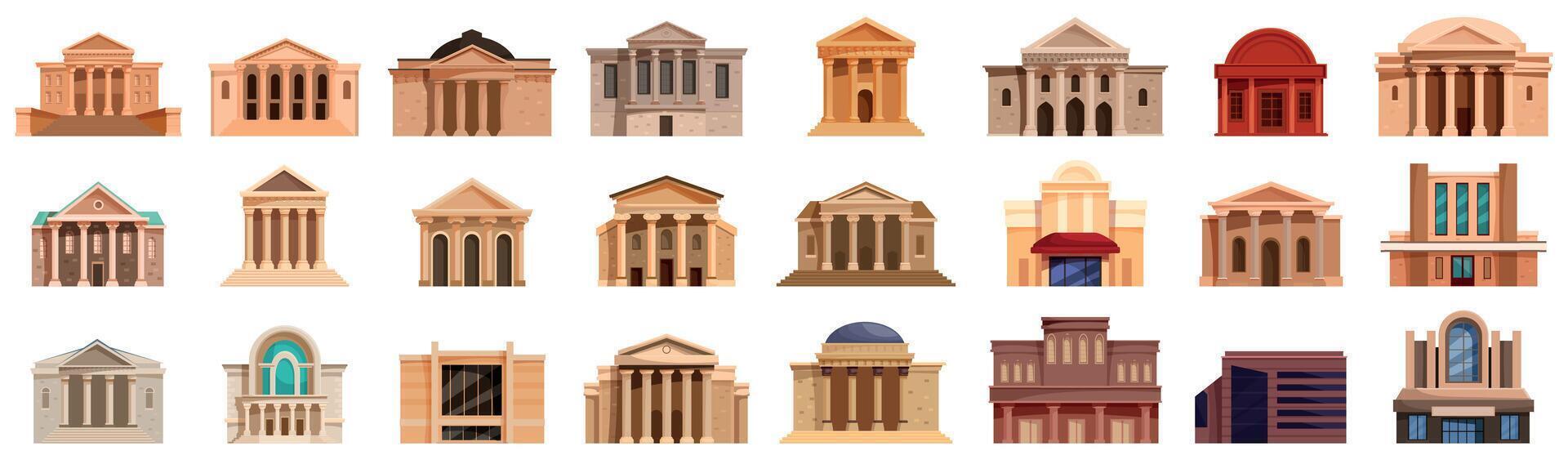 Theatre architecture icons set. Government buildings showing classical architecture and modern ...