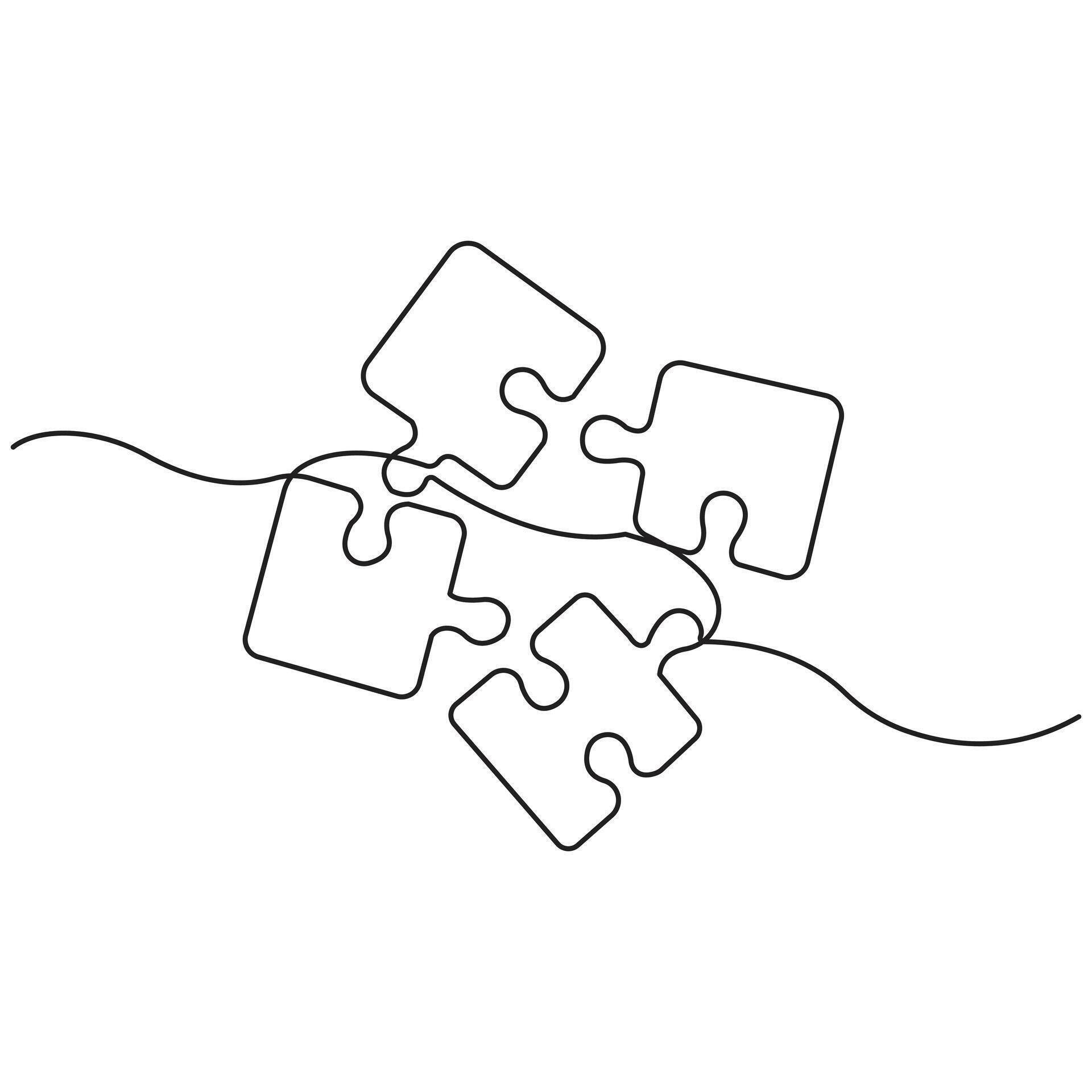 Continuous Line Drawing of four Interlocking Puzzle Pieces Representing Problem Solving ...