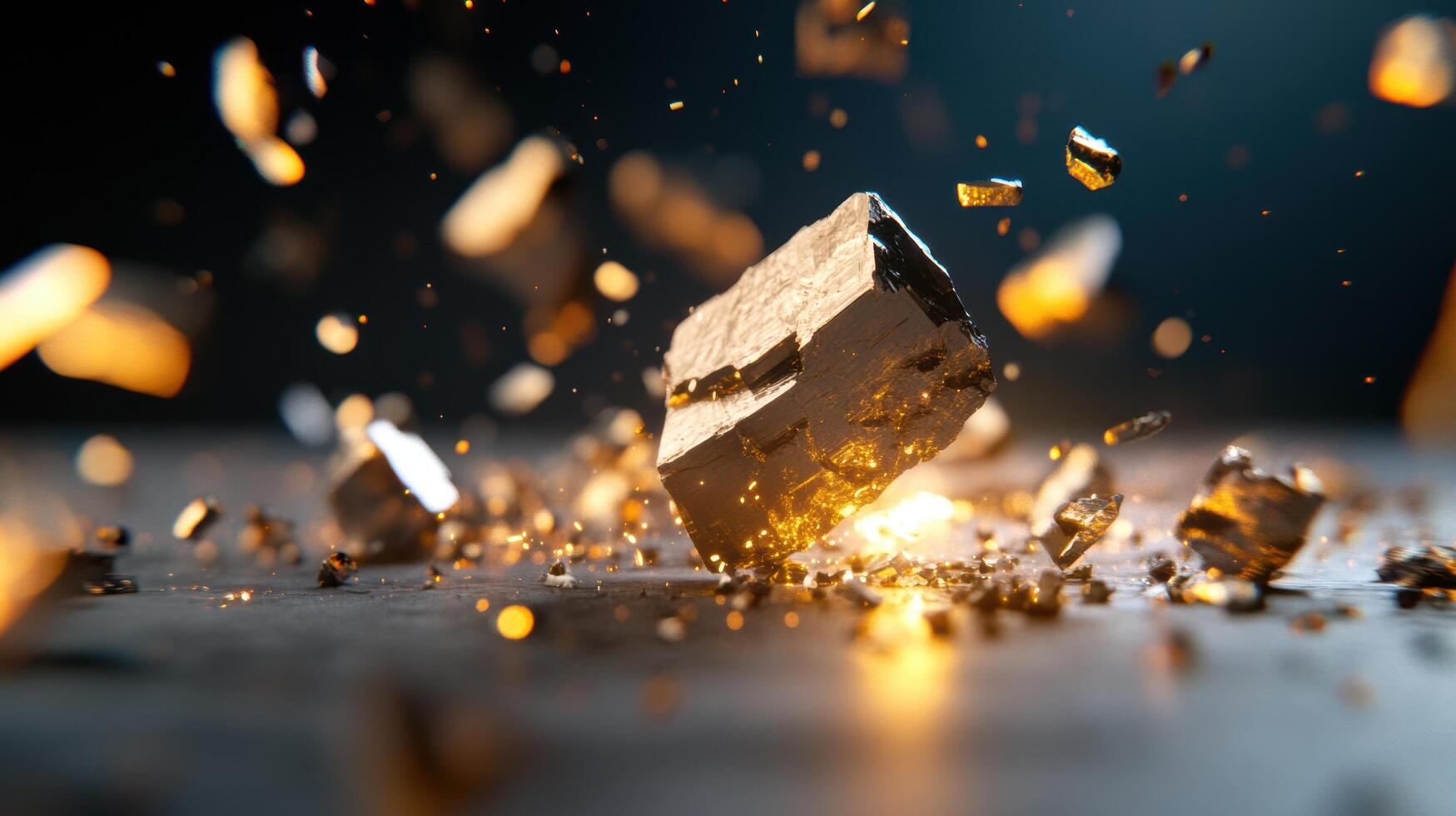 Metallic cube explosion with golden fragments on dark background ...