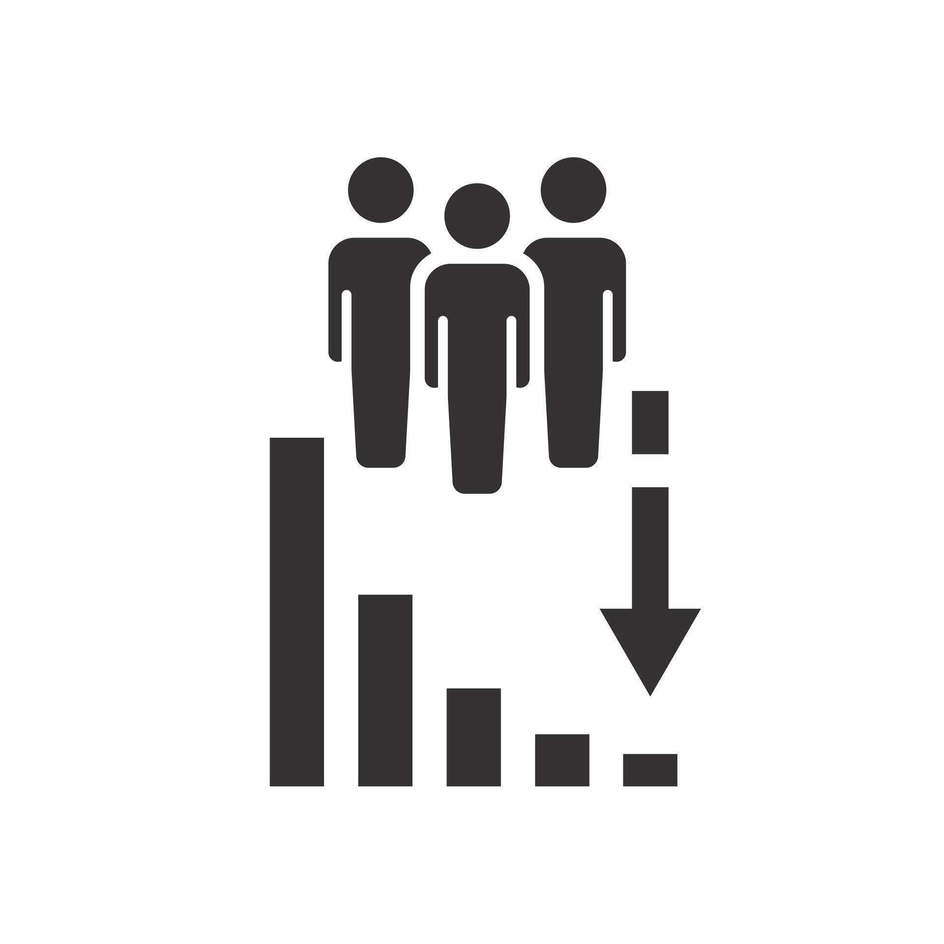 less people icon, decrease population, decline amount, demography drop, flat illustration ...