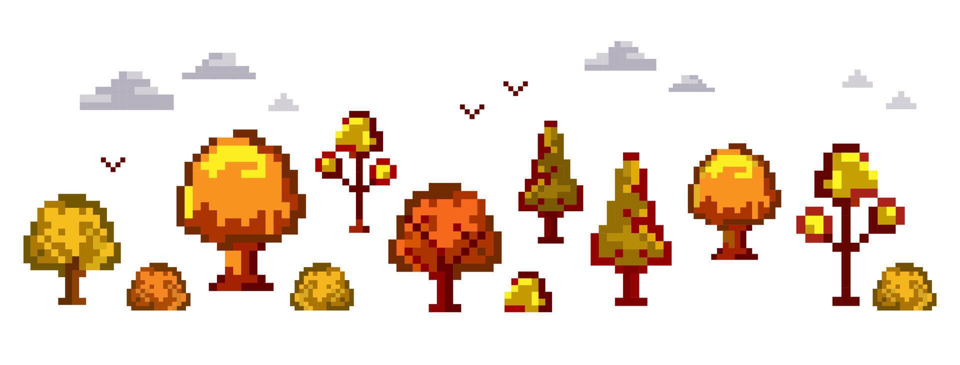 Pixel art autumn forest elements set scene with colorful orange, yellow, and green trees, bushes ...