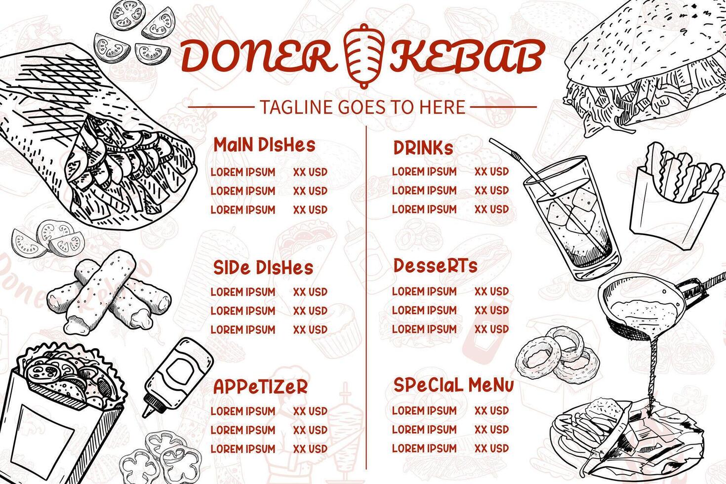 Hand-drawn doner kebab . Can be used as a menu poster design element ...