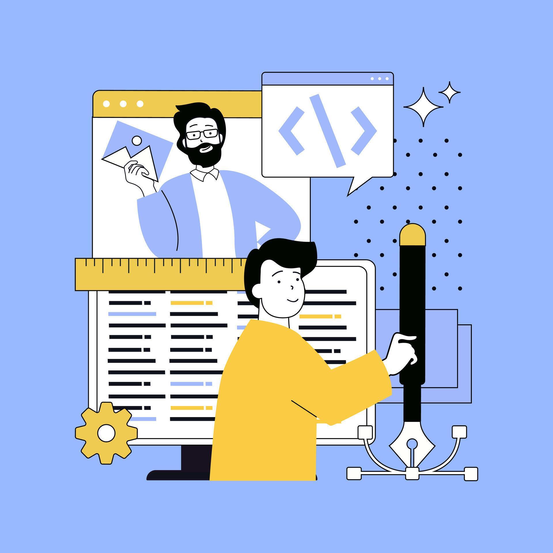 Design software development concept for modern web design. People creating program code ...