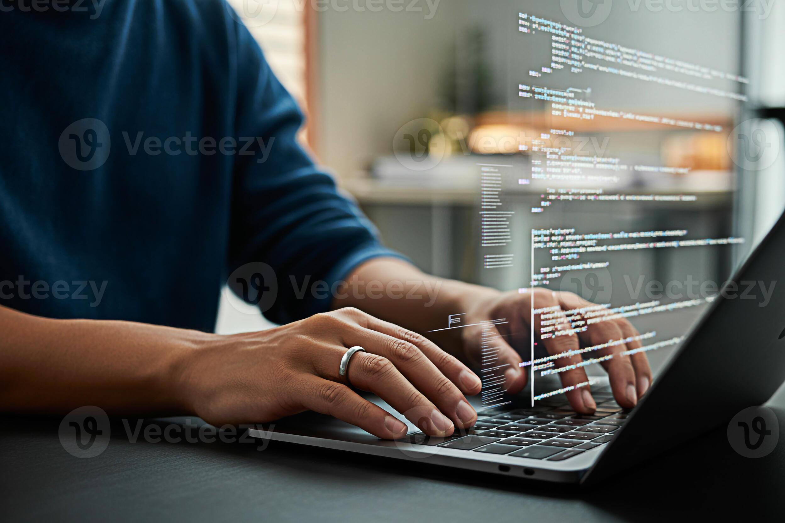 Programmer coding on laptop software development it professional writing code computer science ...