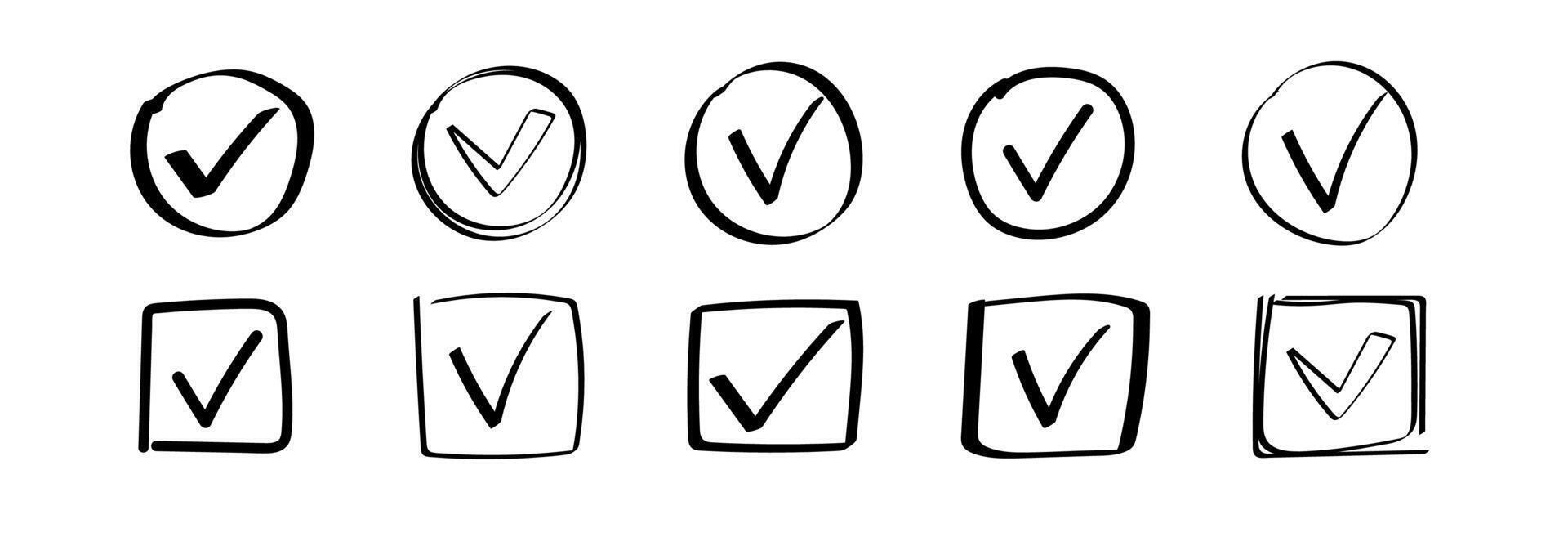 Hand drawn checkbox icons in various styles with checkmarks in circular and square shapes ...