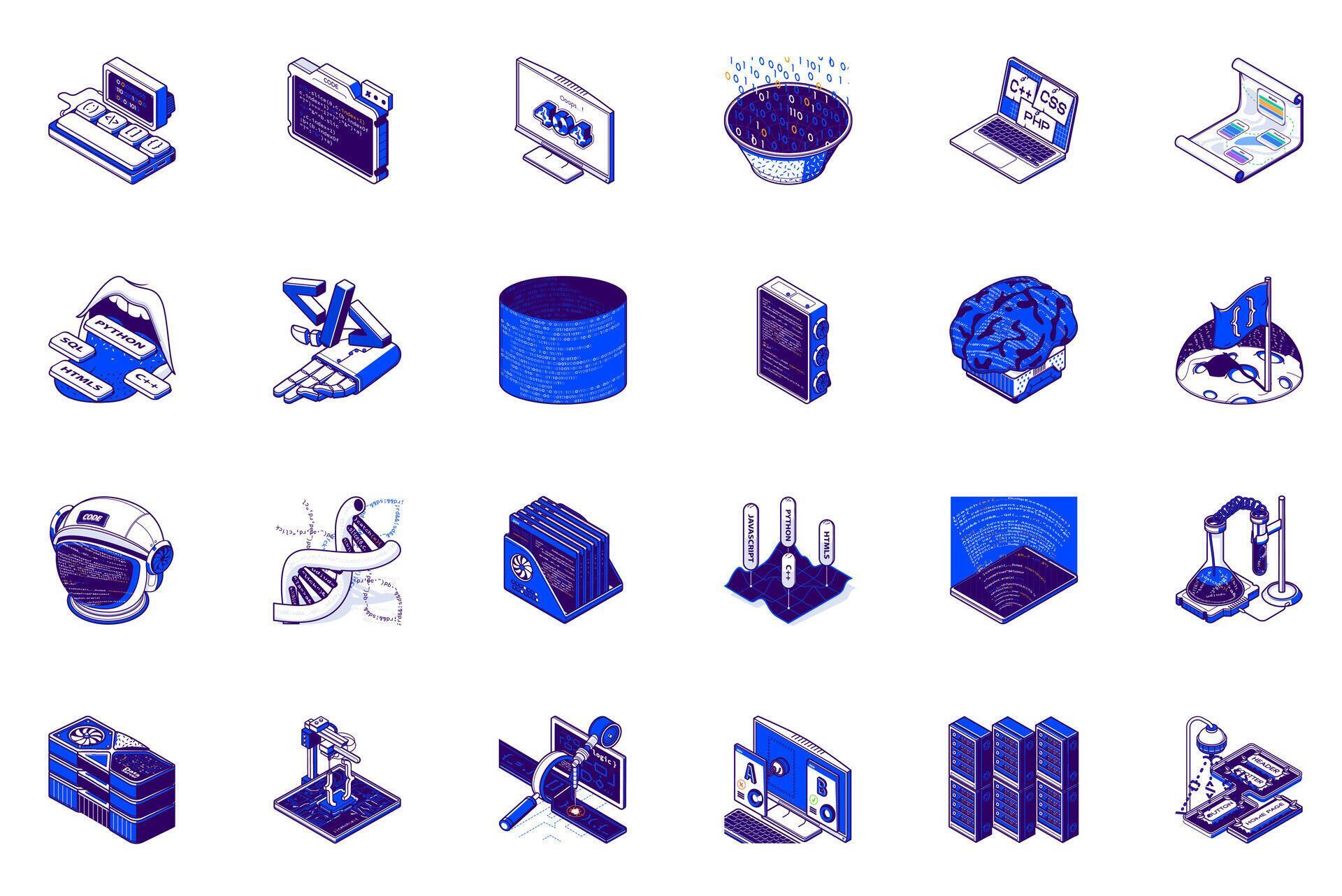 Programming concept of 3d isometric icons set. Collection with computer code, coding program ...