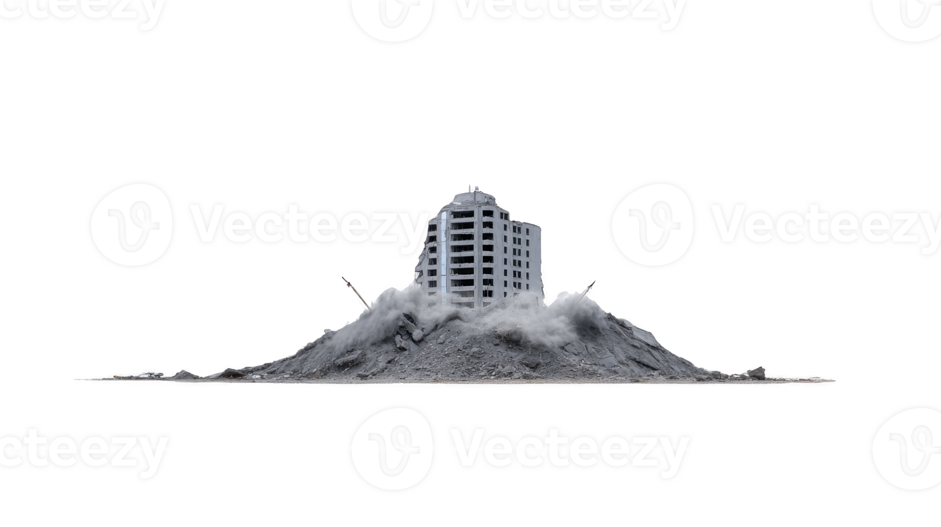 Building is being demolished, surrounded by dust and debris, creating ...