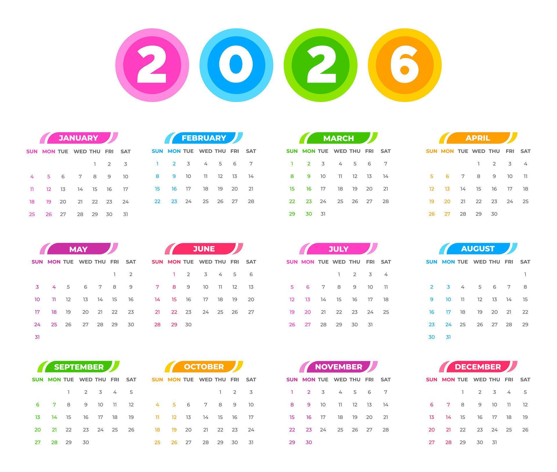 colorful Calendar 2026, 2026 calendar week start on Sunday and Annual schedule grid with 12 ...