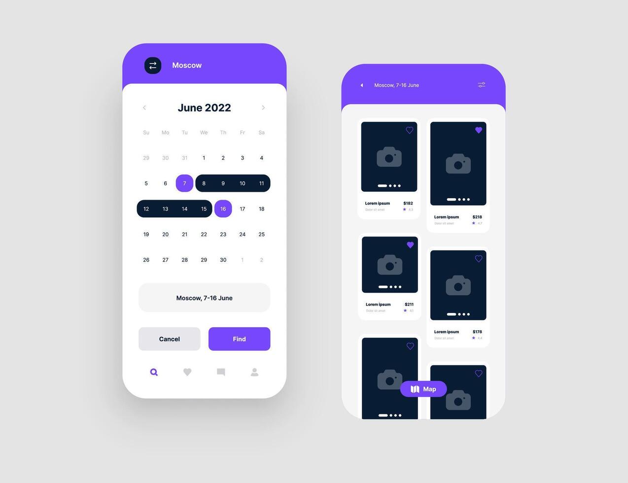 Mobile app interface for rent apartment or social media. Use design for ...