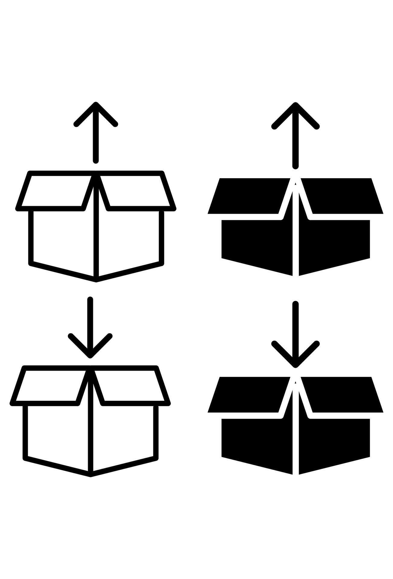 Four icons of boxes with arrows, up and down. Upload and download icons ...