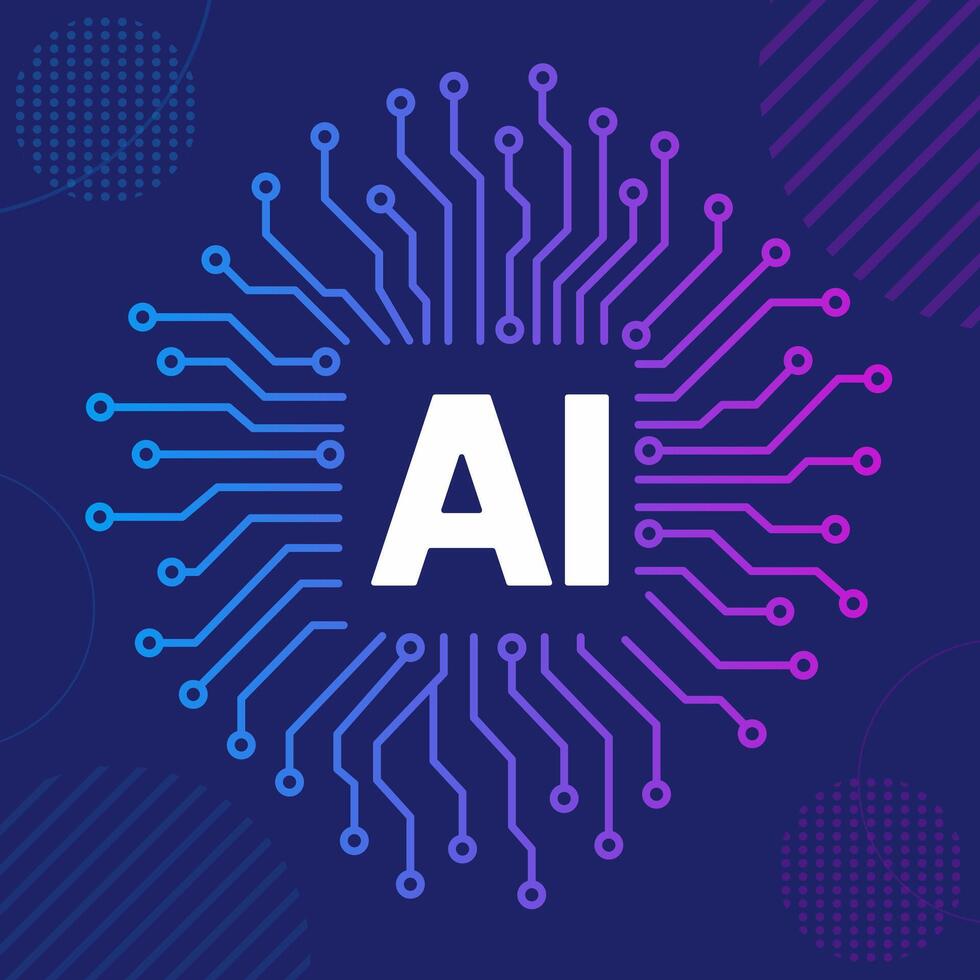 illustration of AI logo with digital circuit board and network connections. Artificial ...