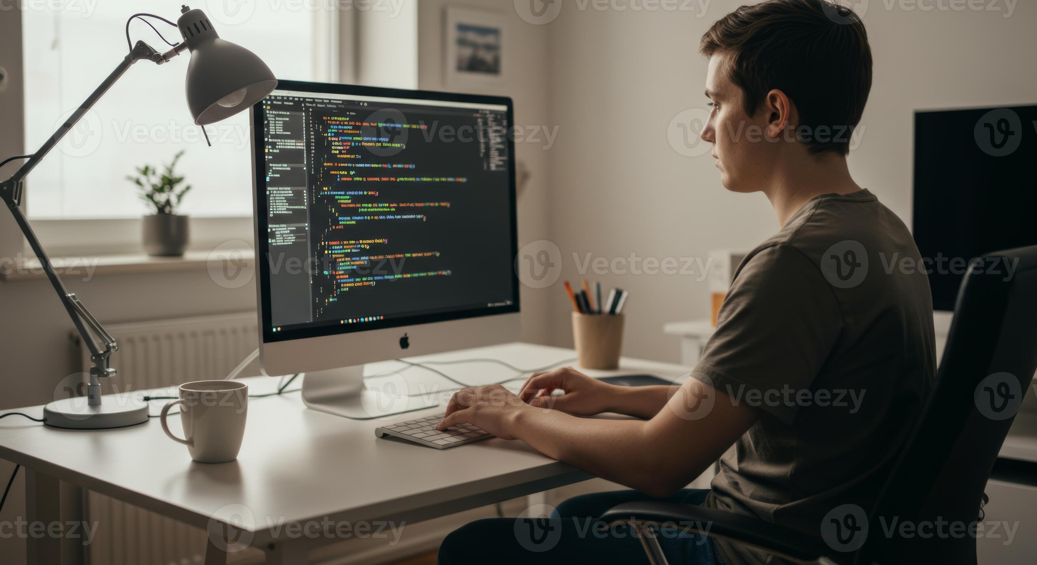 Man coding on computer at desk home office programmer working developer ...