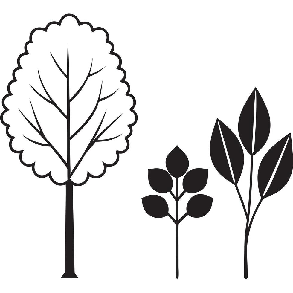 Simple black and white icons of a tree and two leafy branches 72980468 ...
