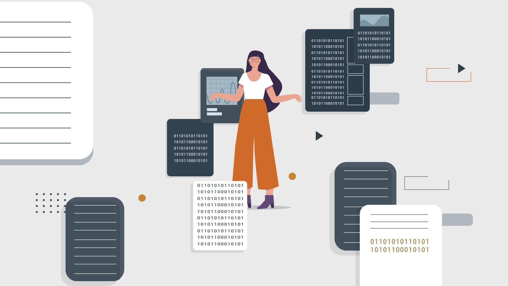 Female data analyst managing binary code 73321922 Vector Art at Vecteezy