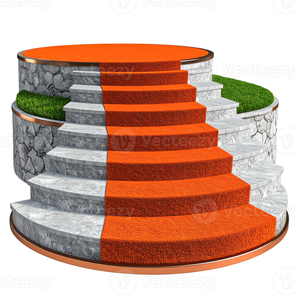 Stone and marble tiered structure with steps, orange carpet, and grass ...