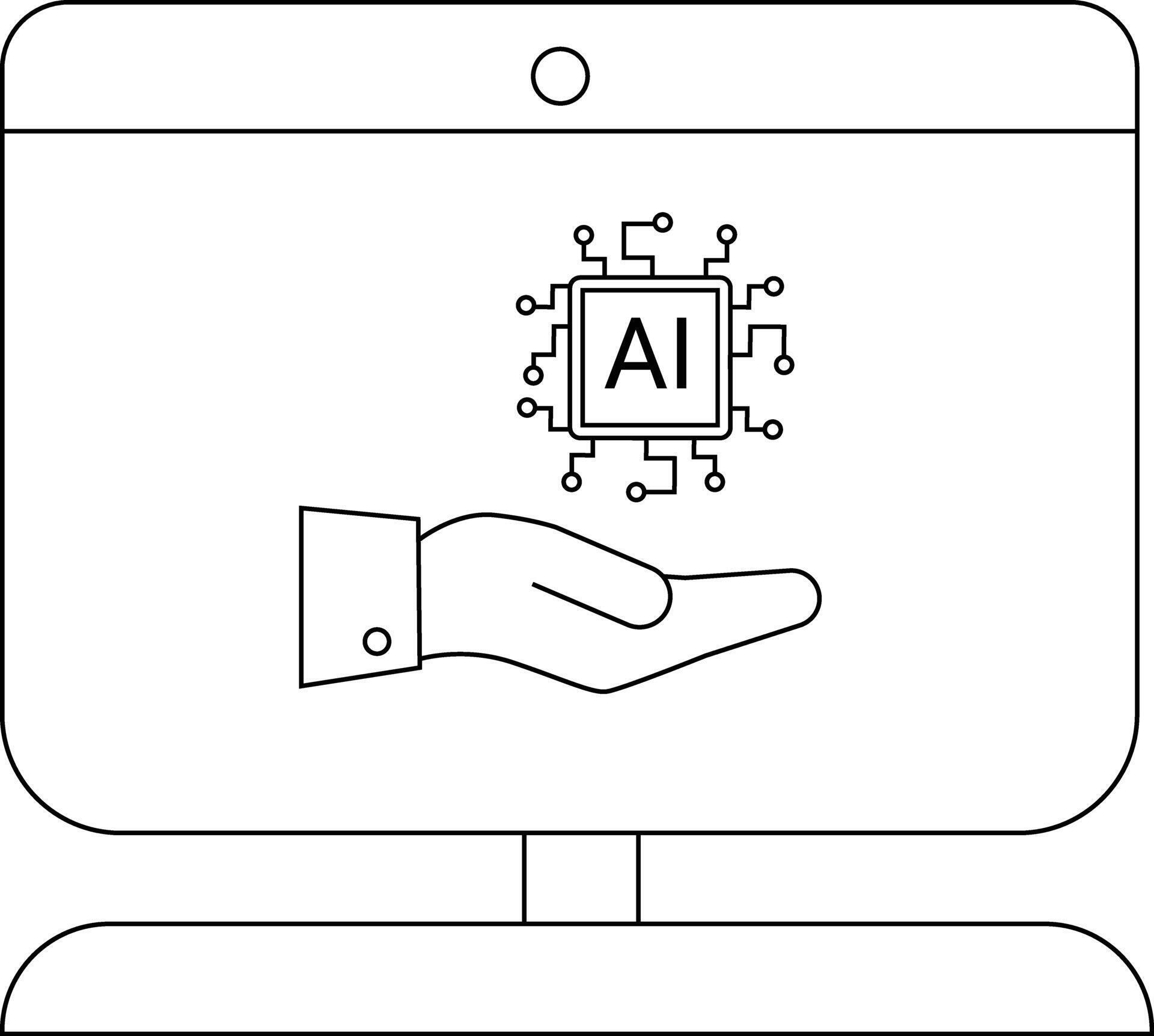Computer monitor displays AI microchip in hand Simple line drawing ...