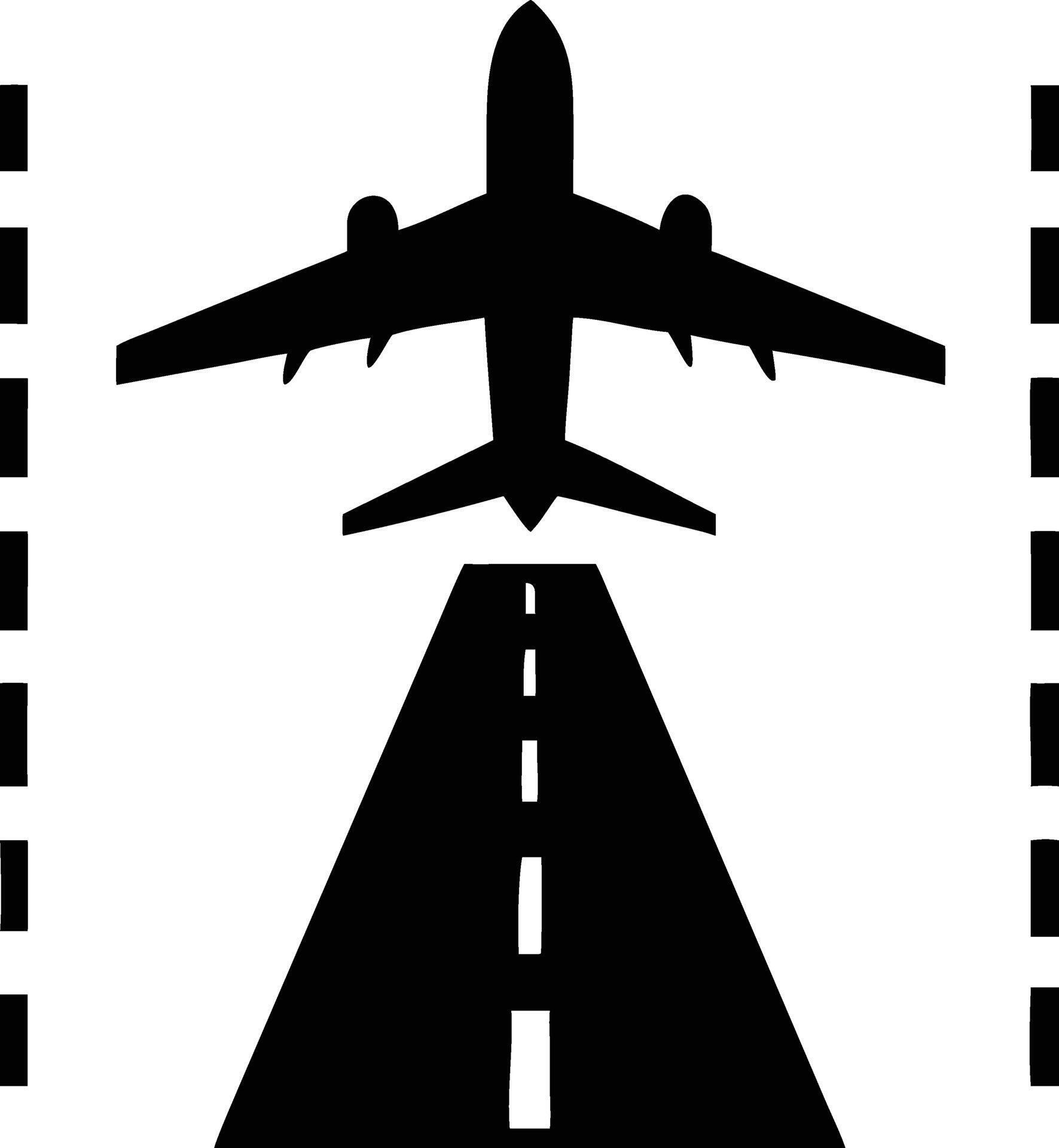 A simple black and white illustration depicts an airplane taking off ...