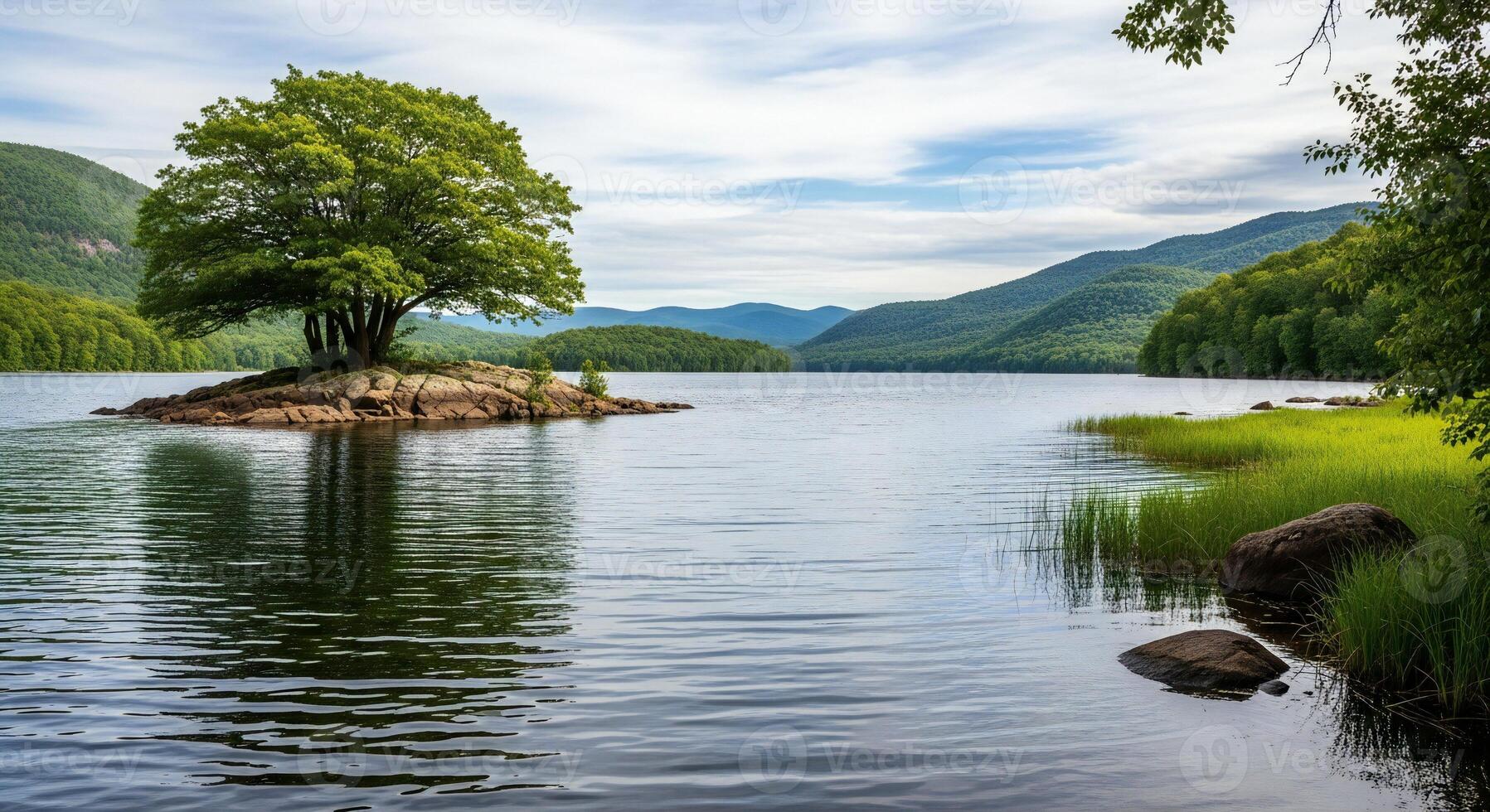 Nature background, Nature wallpaper, A lone tree on a rocky island in a serene lake surrounded ...
