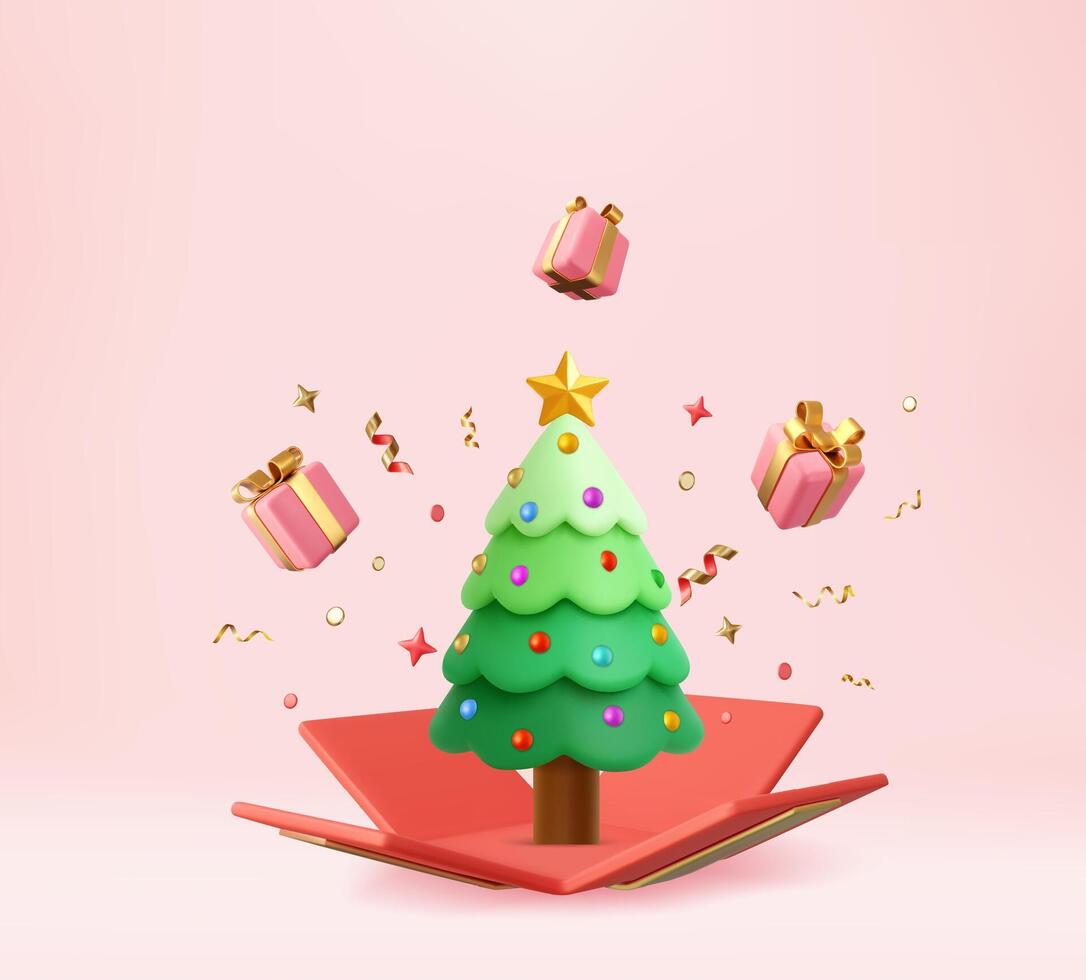 3D Christmas tree popping out of gift box. 73879131 Vector Art at Vecteezy