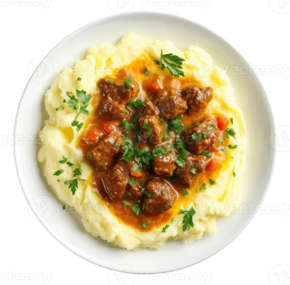Mashed potatoes topped with beef stew and herbs on white plate ...