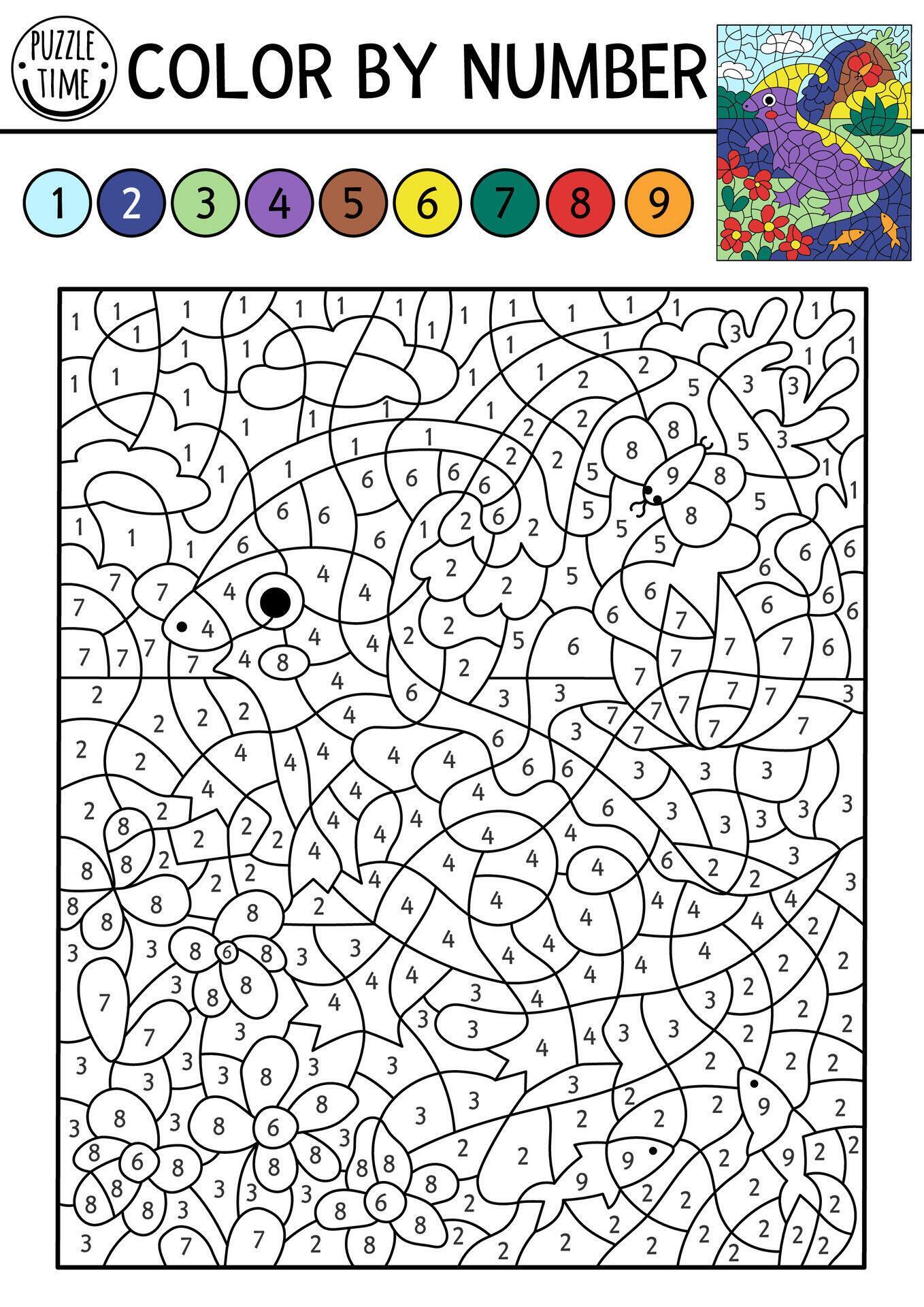 dinosaur color by number activity with Parasaurolophus, waterfall ...