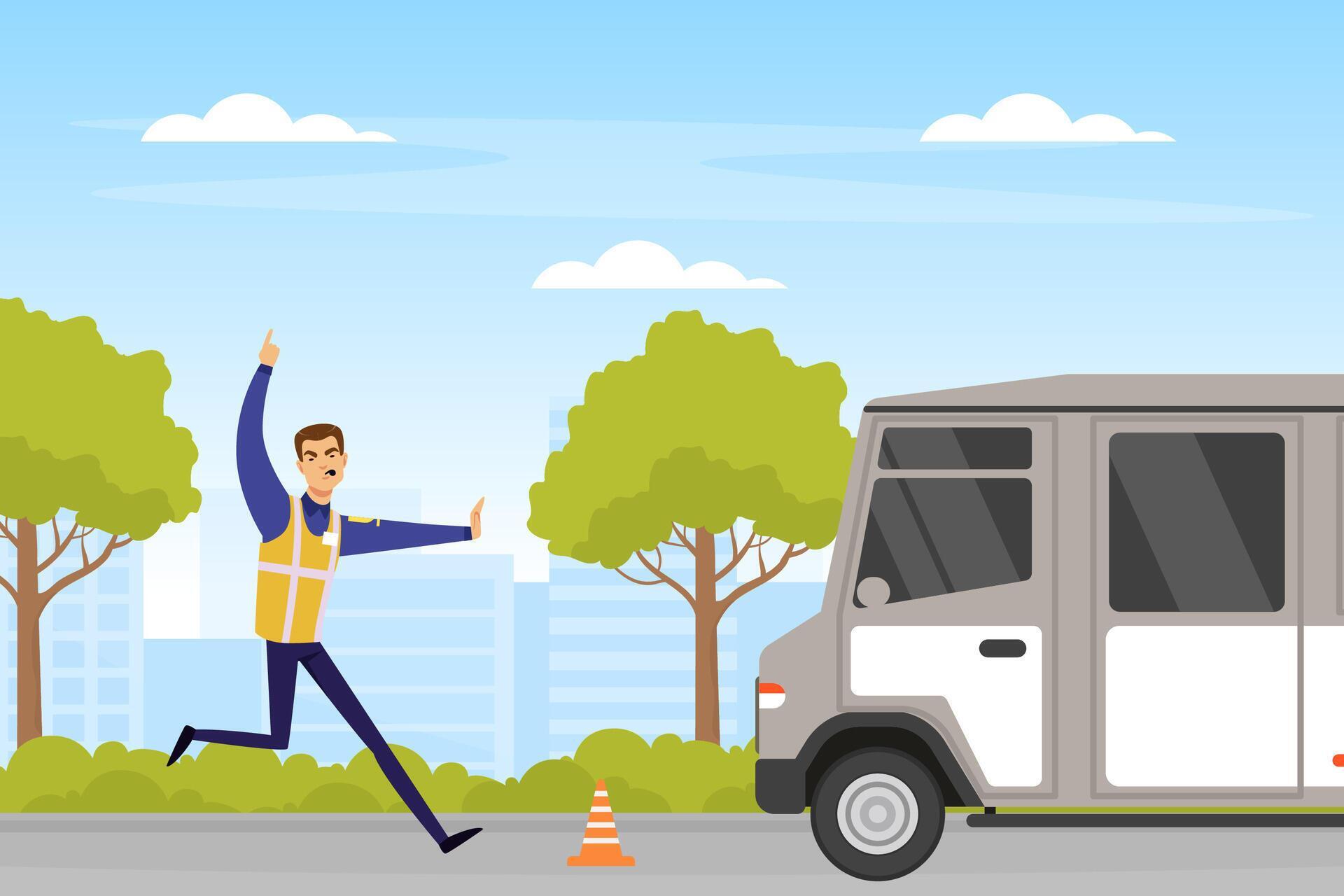 Man Road Police Officer Stopping Van Driving Against Traffic Cone ...