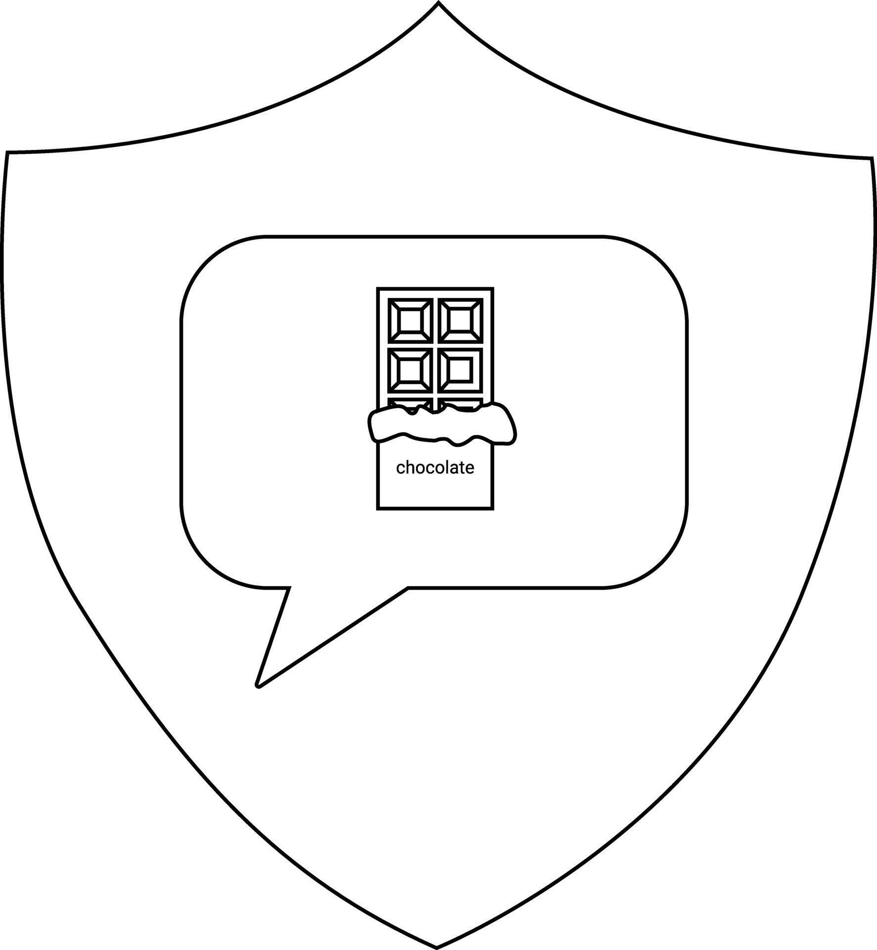 Black and white shield contains a chocolate bar in a dialogue bubble ...