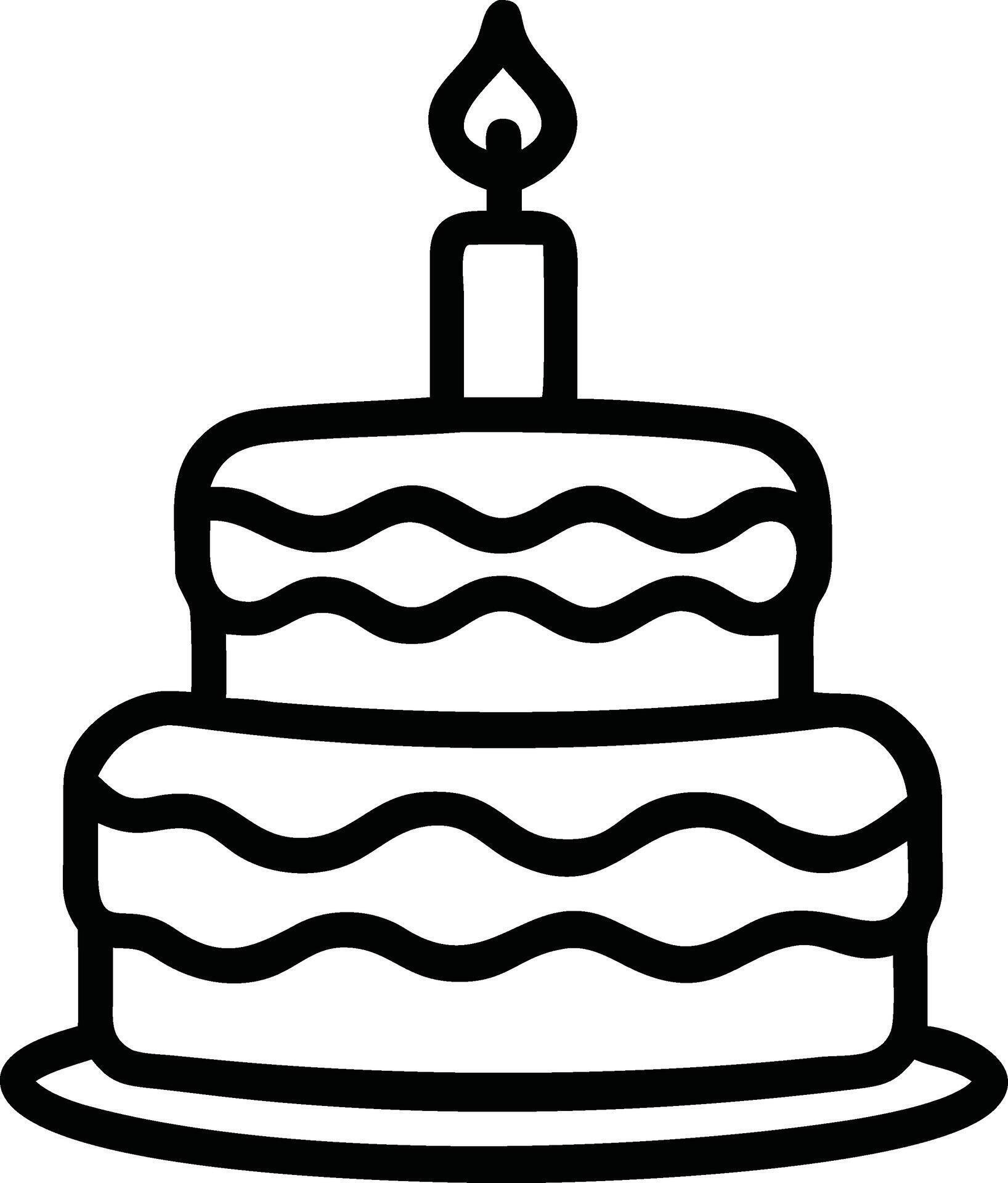 A simple black and white line drawing depicts a two tier birthday cake ...