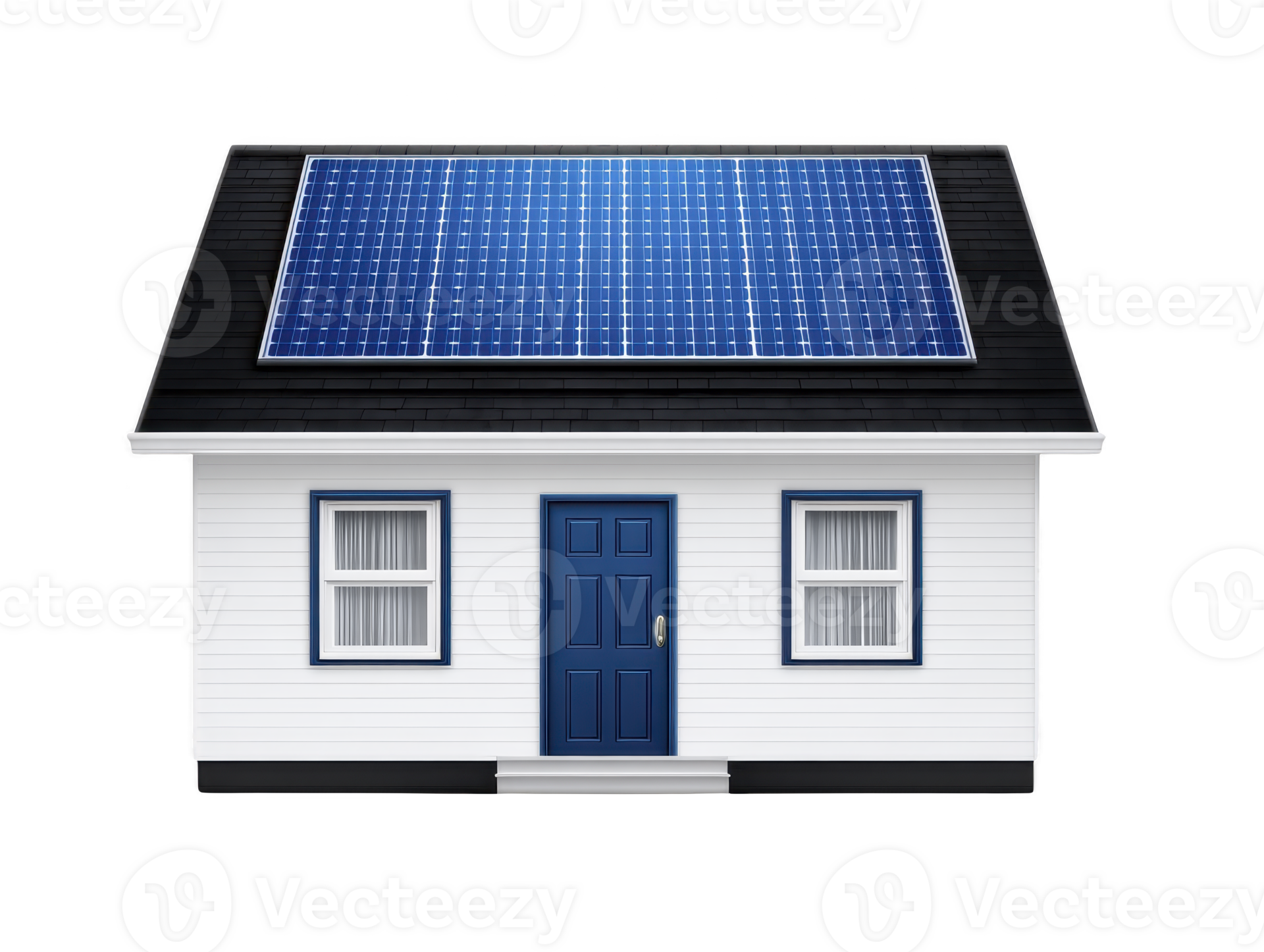 Single story house with blue door and windows, white siding, and large ...