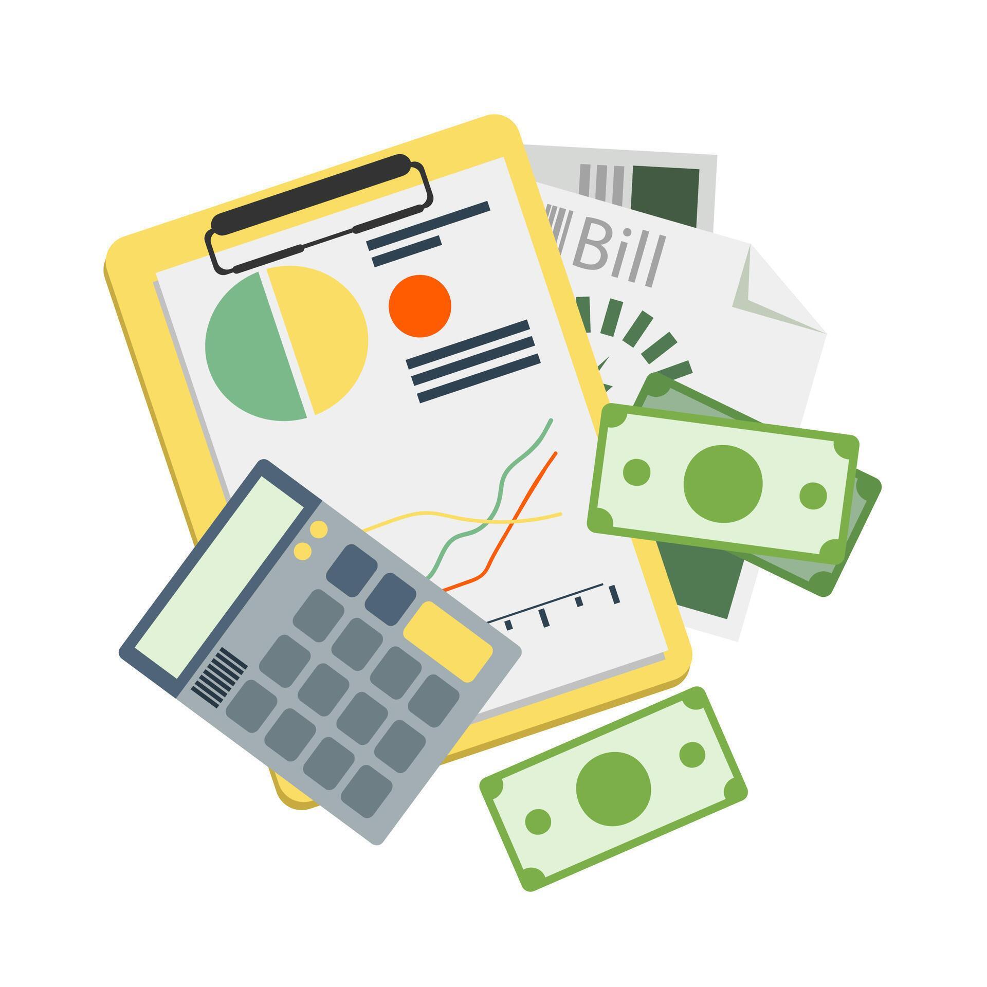 Electricity cost analysis with bills and calculator. Illustration of utility bills with a ...