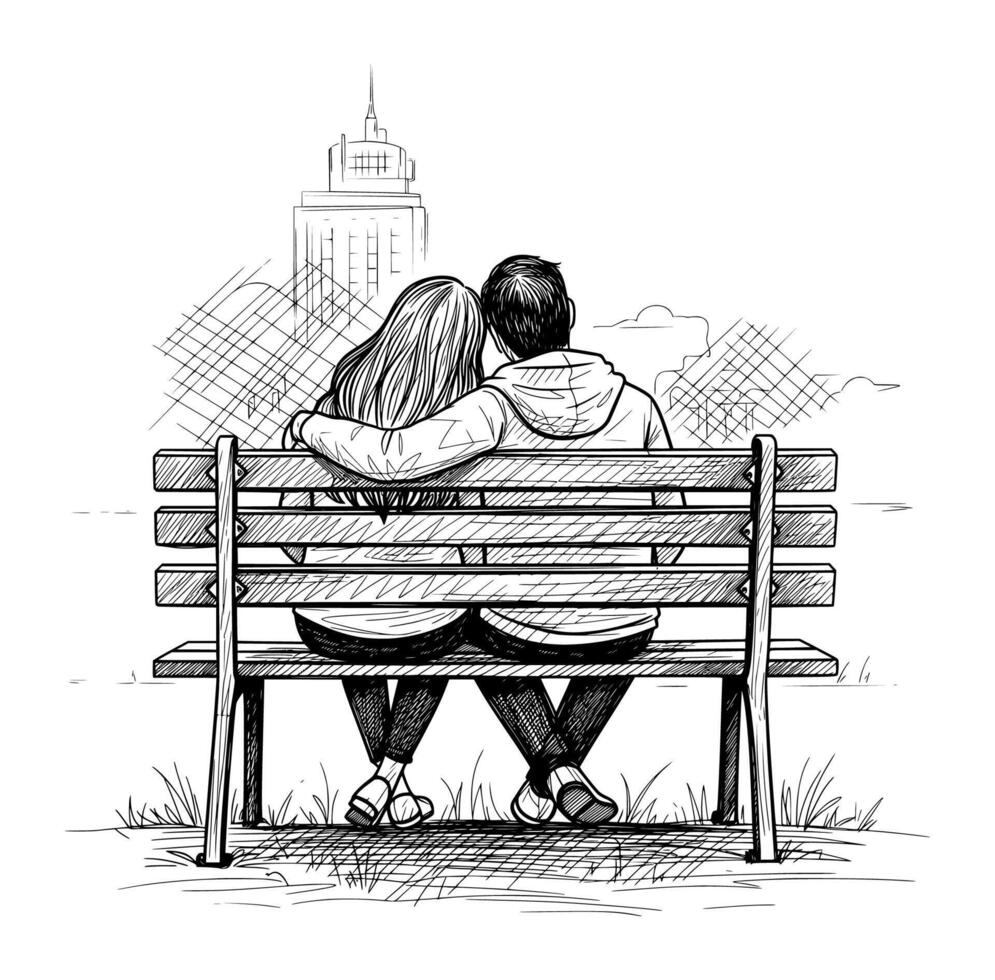 Couple Embracing on Park Bench Looking at City Skyline 74093401 Vector ...