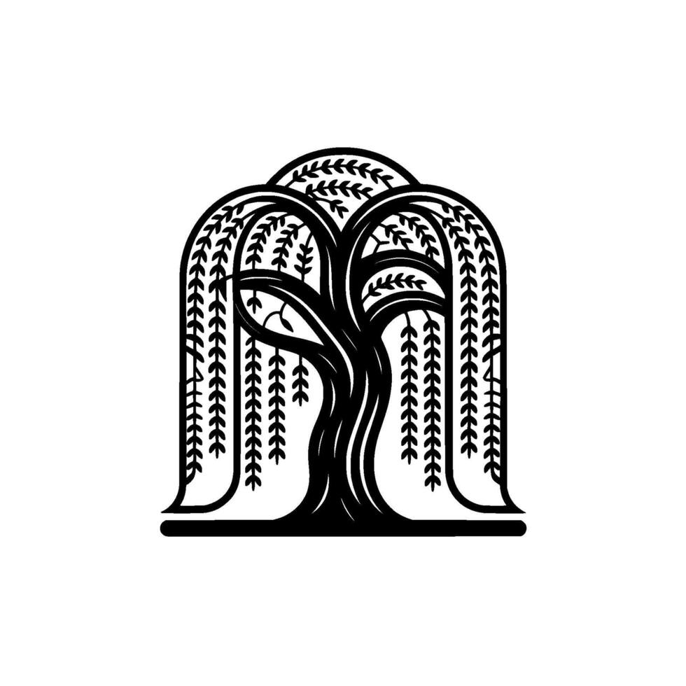 A striking silhouette of a weeping willow tree with cascading branches ...