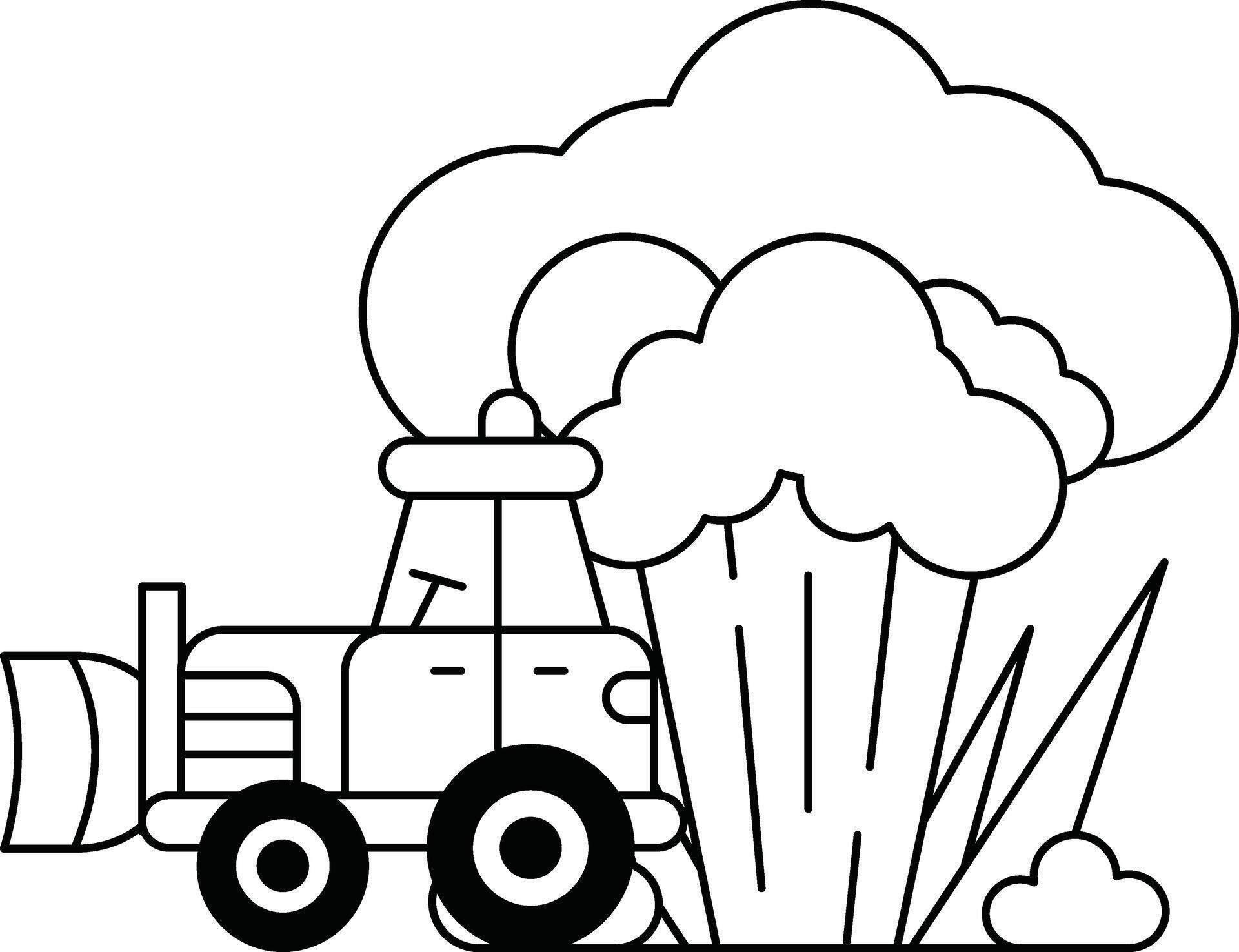 A black and white drawing of a tractor with a cloud of smoke coming out ...