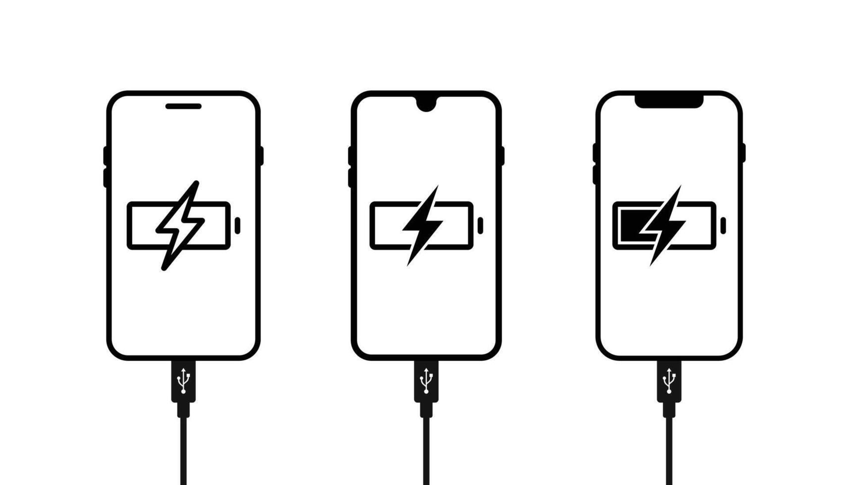 Set of charging phone icons. Smartphone connection to charge battery ...