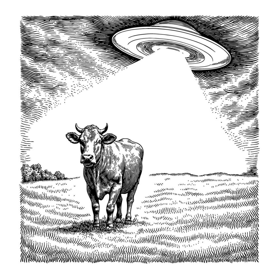Cow Abduction by UFO Flying Saucer with Rays of Light Black and White ...