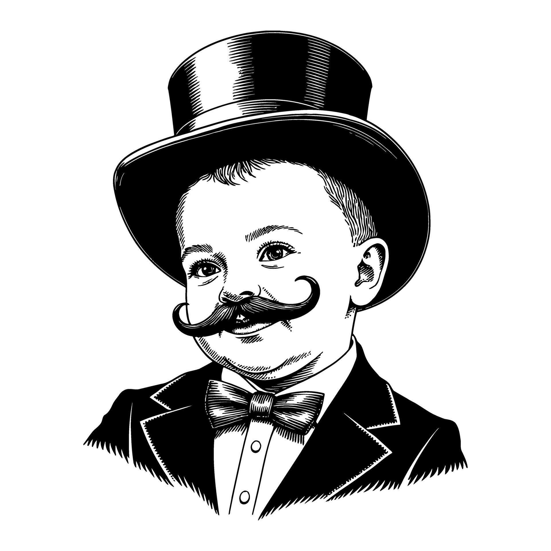 Baby Wearing Top Hat Suit and Fake Moustache Black and White Outline ...