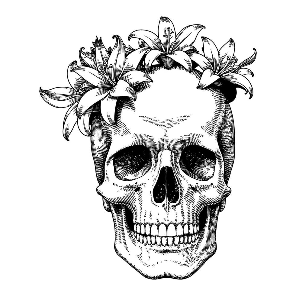 Detailed Skull with Overgrowth Lily Flowers Front View Vintage Black ...