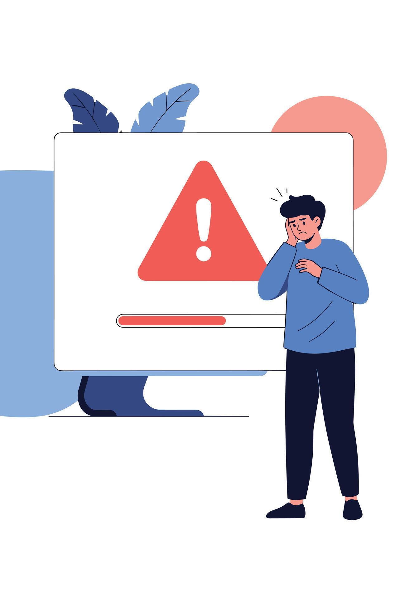 A worried man stands next to a computer screen displaying a large red ...