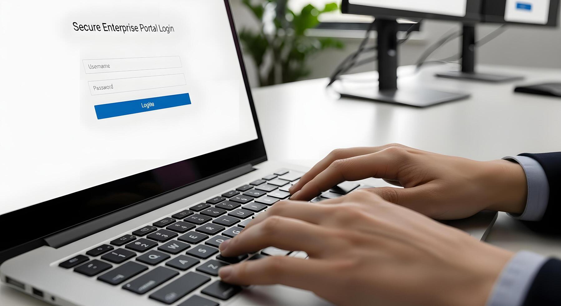 Business professional logging into a secure enterprise portal on a ...