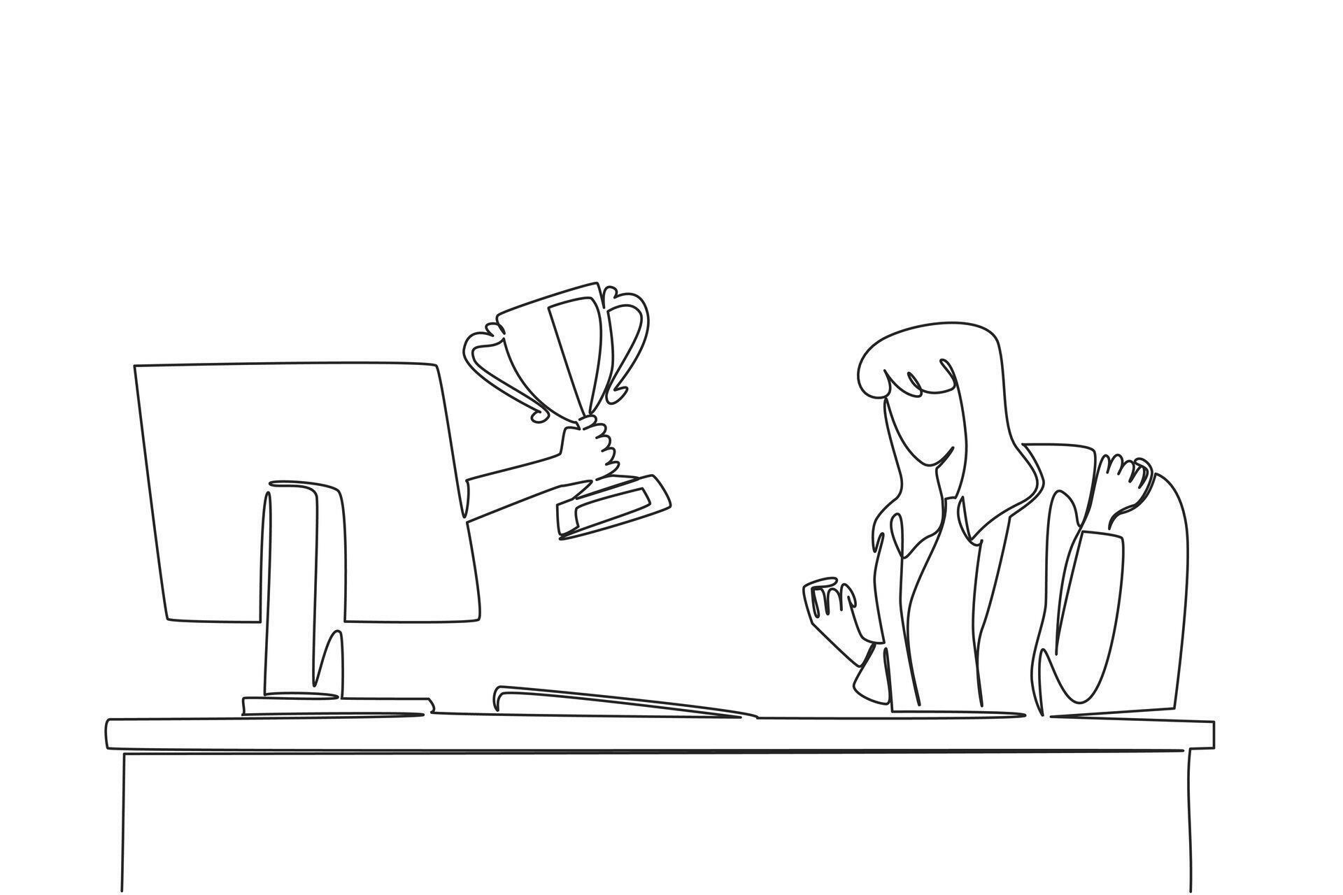 Single continuous line drawing hands out of the monitor screen while ...