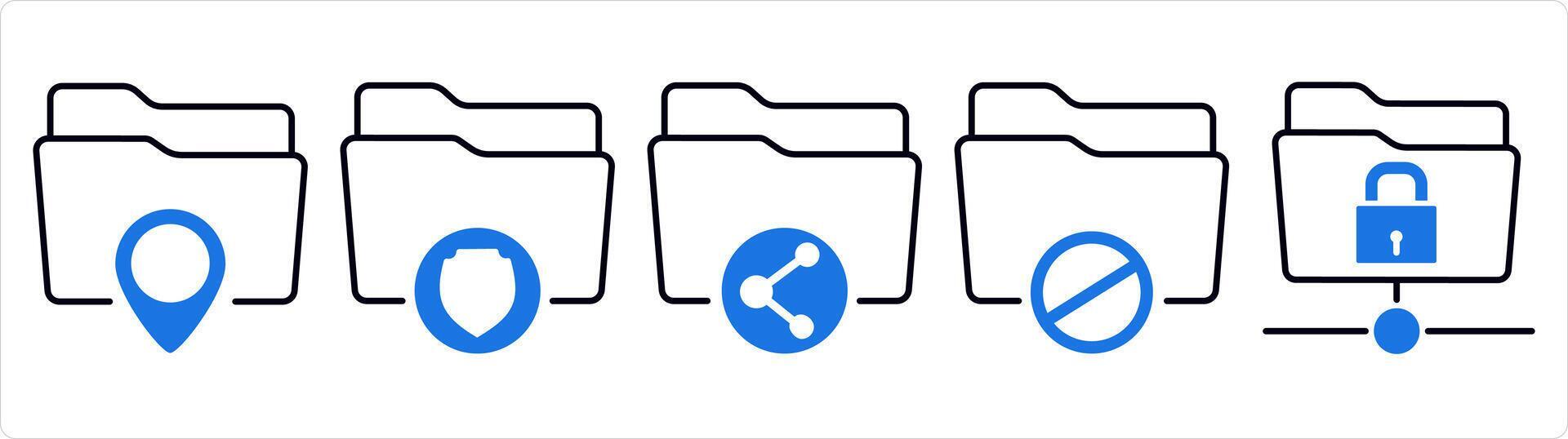 A set of 5 document icons as folder location, folder security, share ...