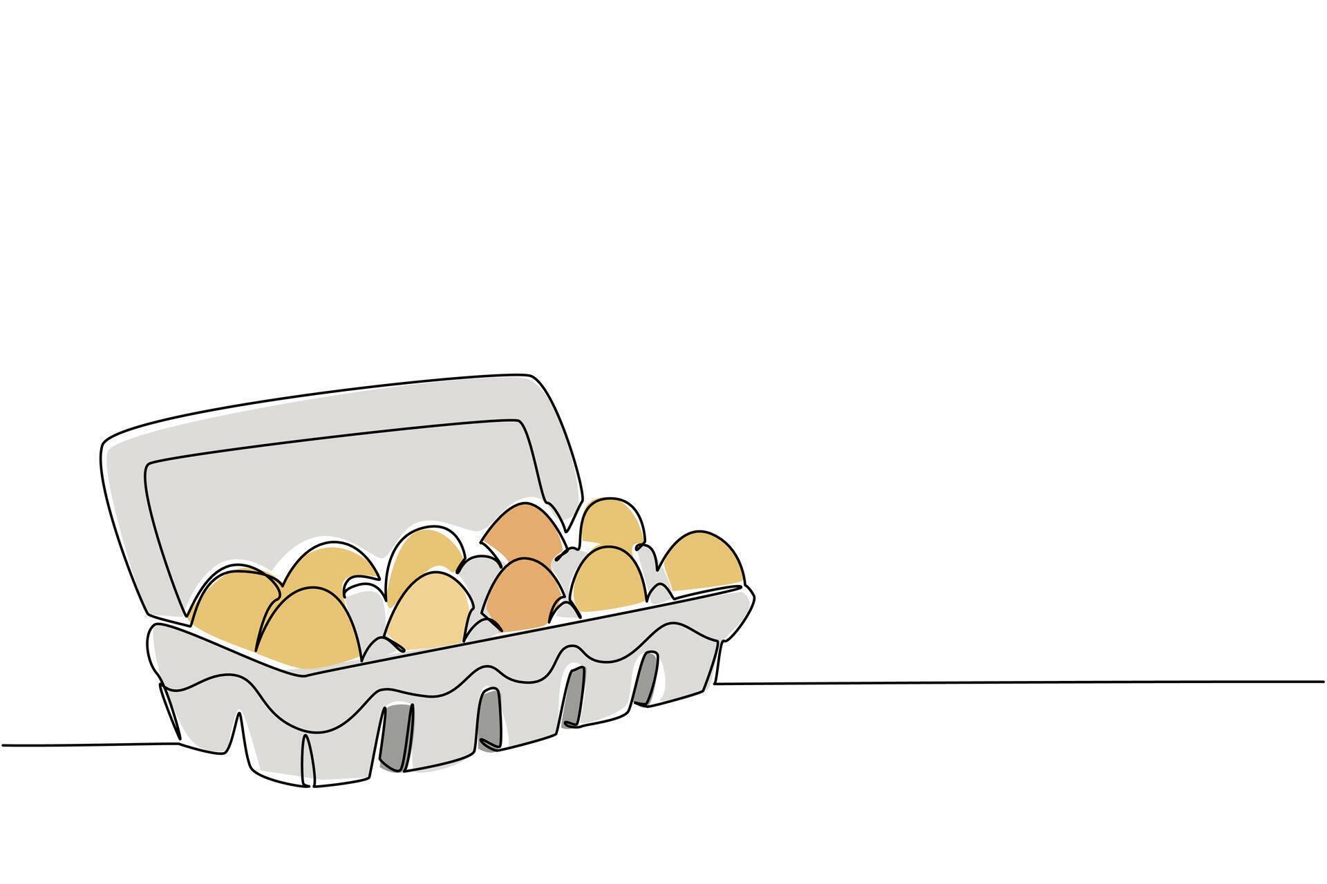 A continuous line drawing of an open egg carton filled with assorted ...
