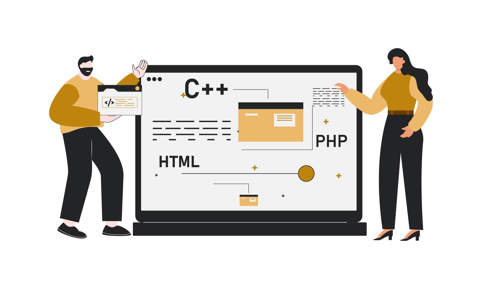 Programmer is explaining coding line 74631689 Vector Art at Vecteezy