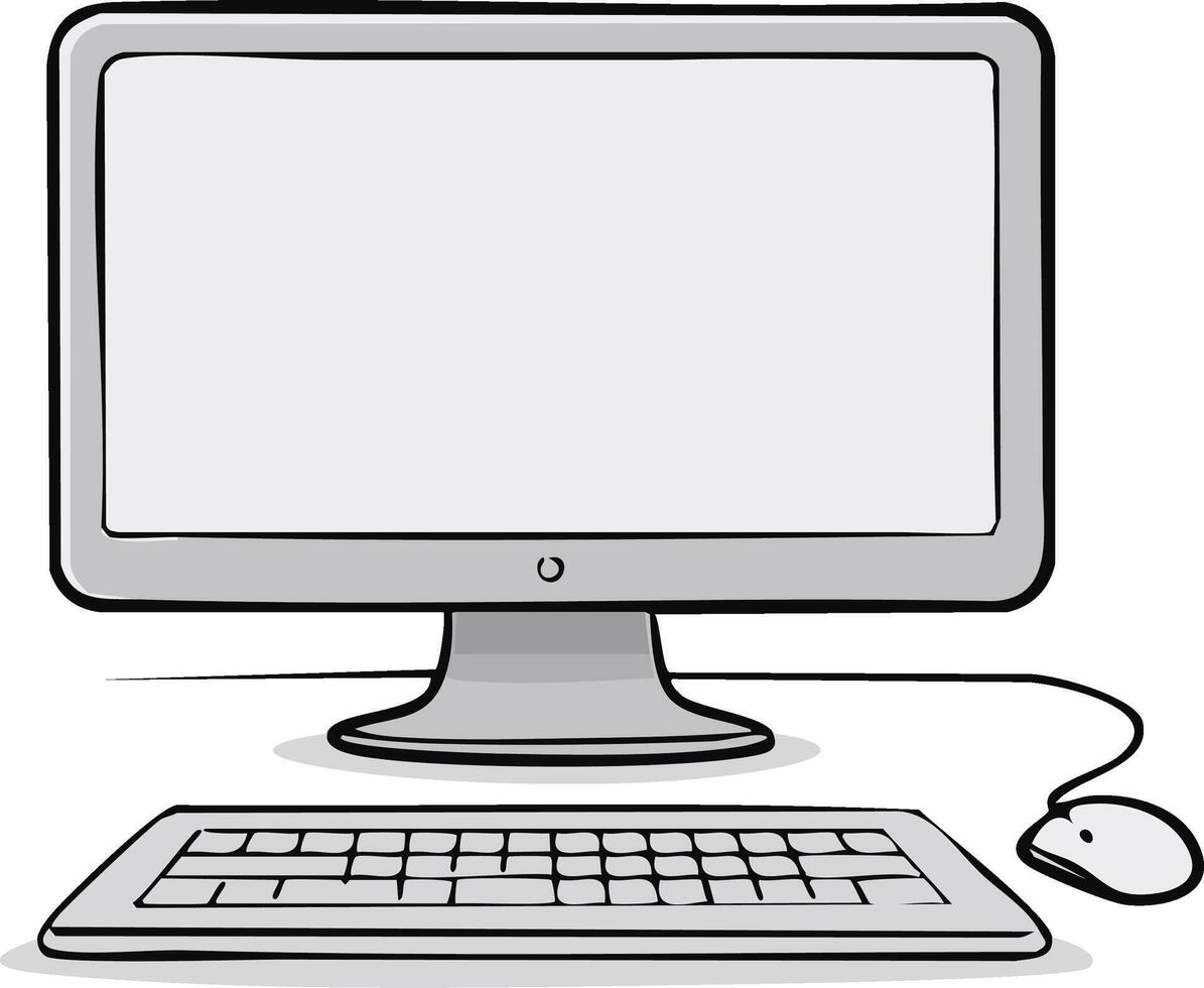 A simple line drawing of a desktop computer with a monitor, keyboard ...