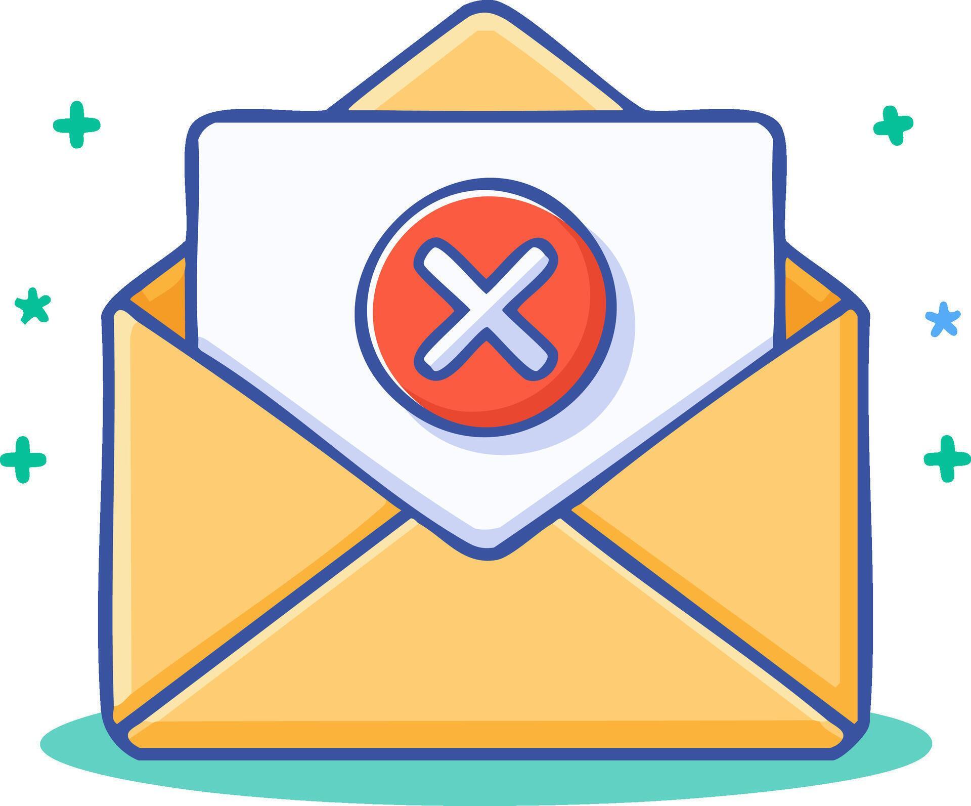 Envelope with paper showing red cross mark icon. Email error, bad ...